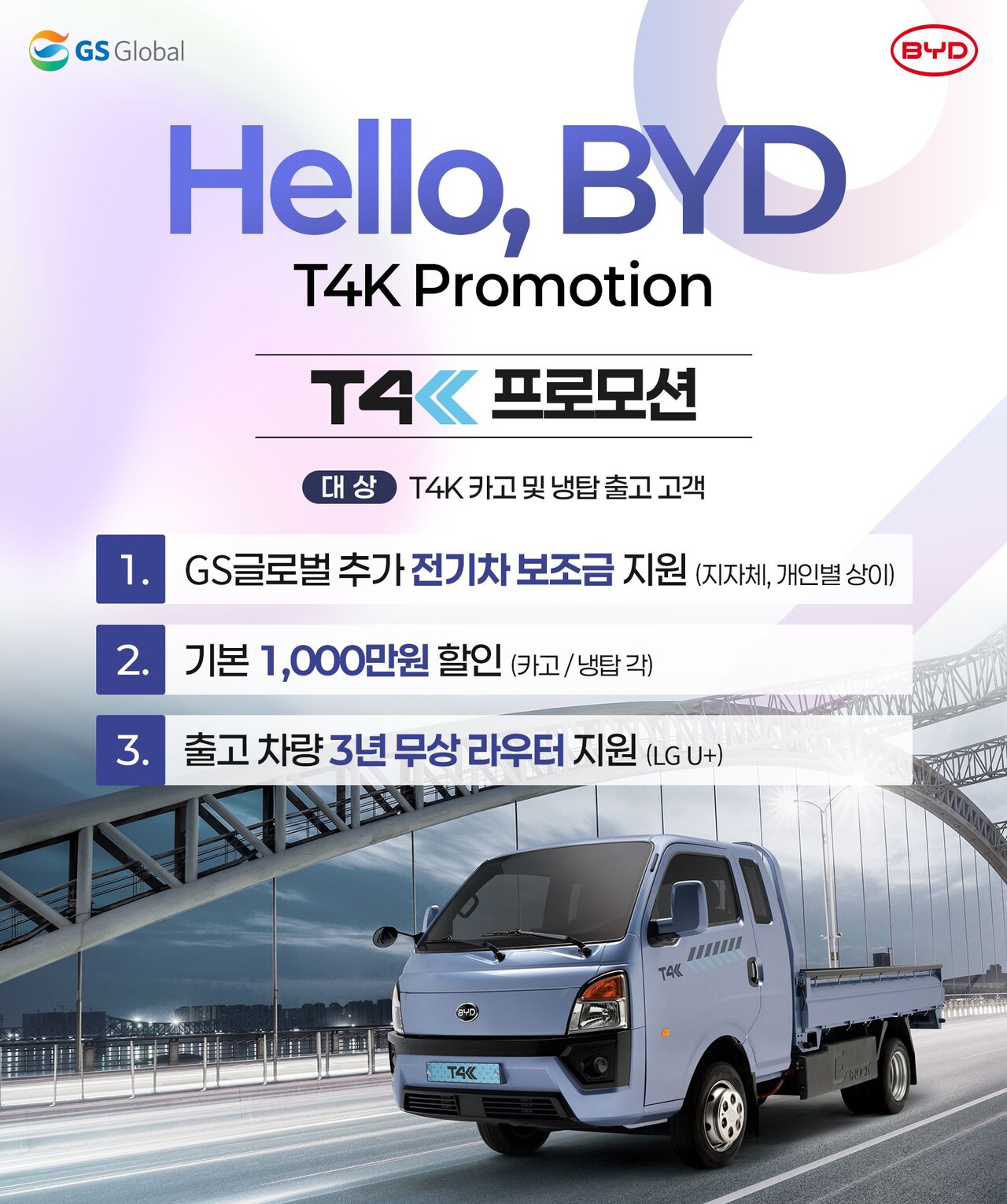 GS글로벌, BYD T4K 판매량 전년比 3배 증가에 추가 혜택 강화…2024년식 냉동탑차에 1000만원 즉시 지원